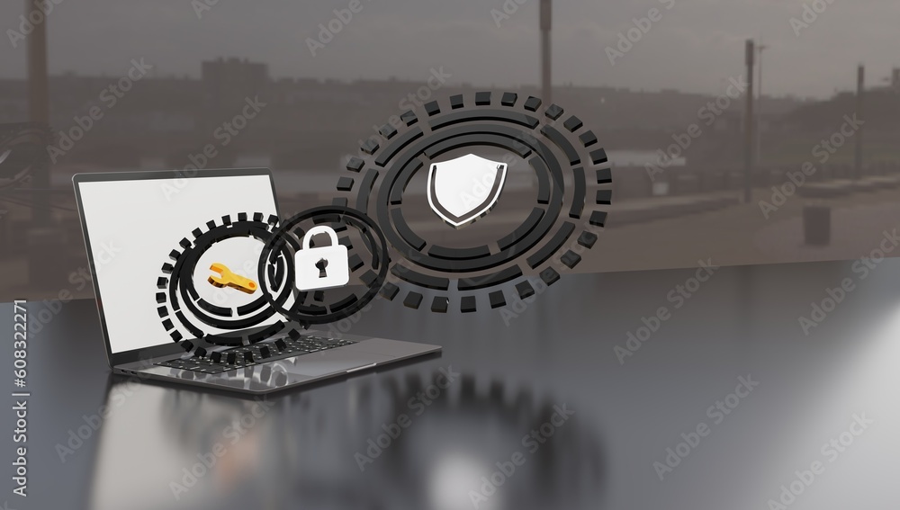 Illustration of laptop with transparent black glass background 3D ...
