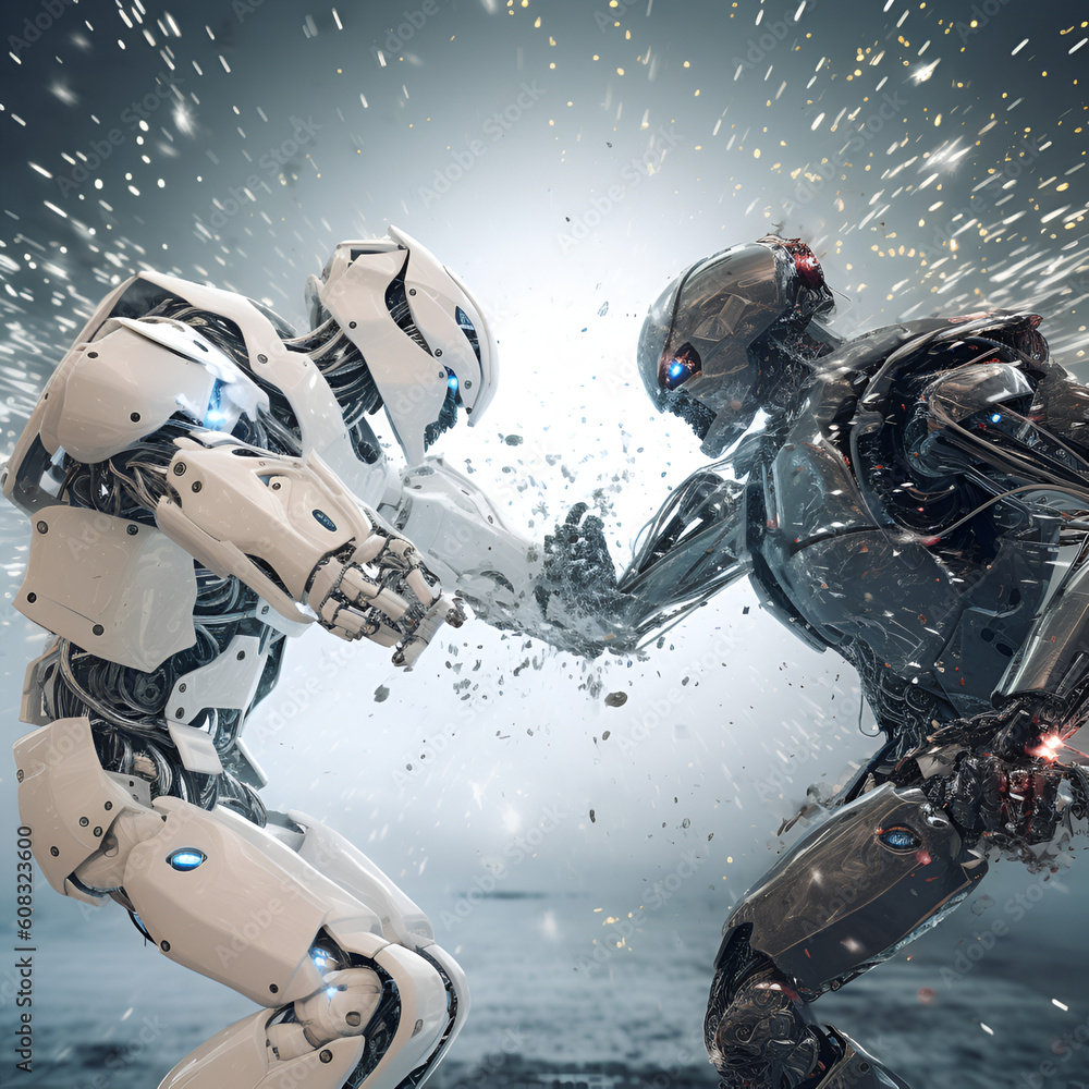 Two stylish handsome cyborgs, futuristic characters in a male body ...