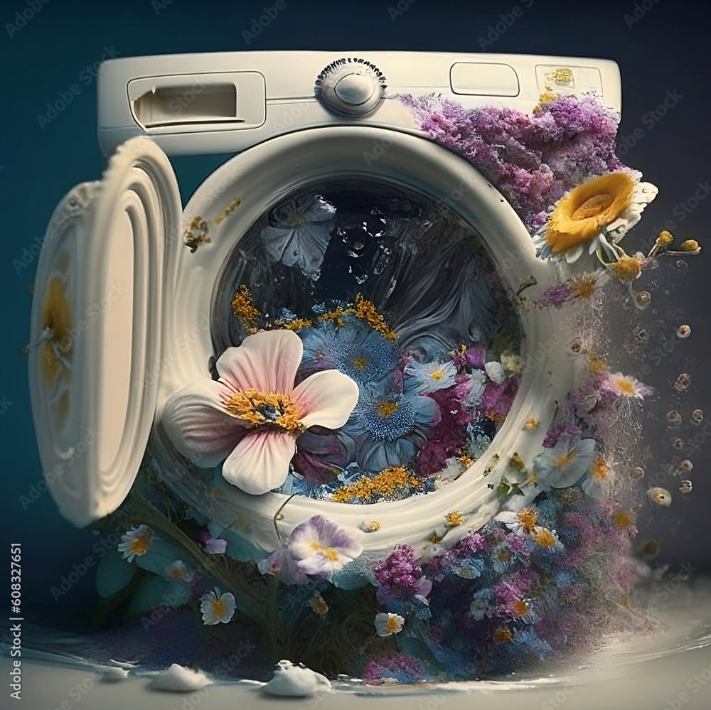 Flowers in the window. The washing machine turns into flowers. Washing ...
