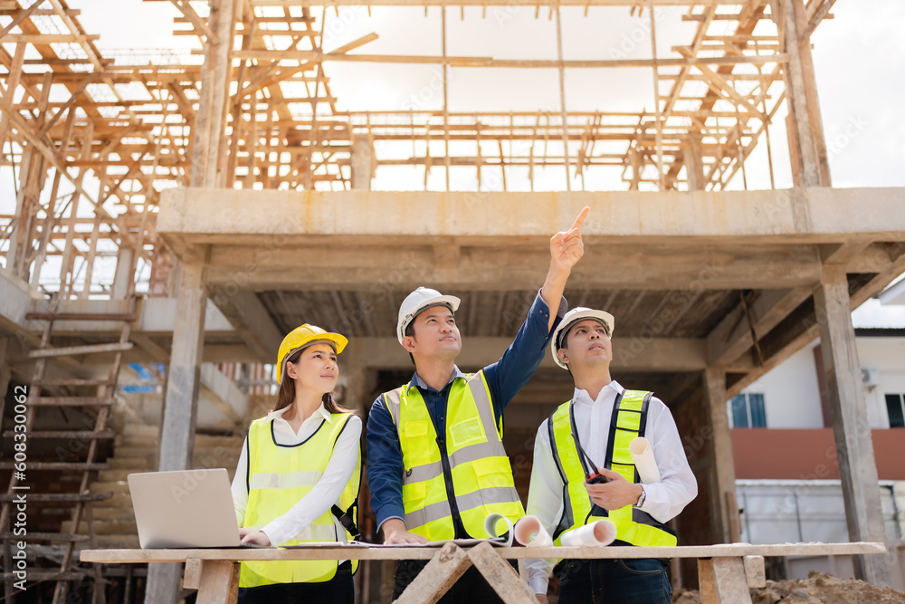 A team of 3 Asian male and female engineers pointing to the destination ...