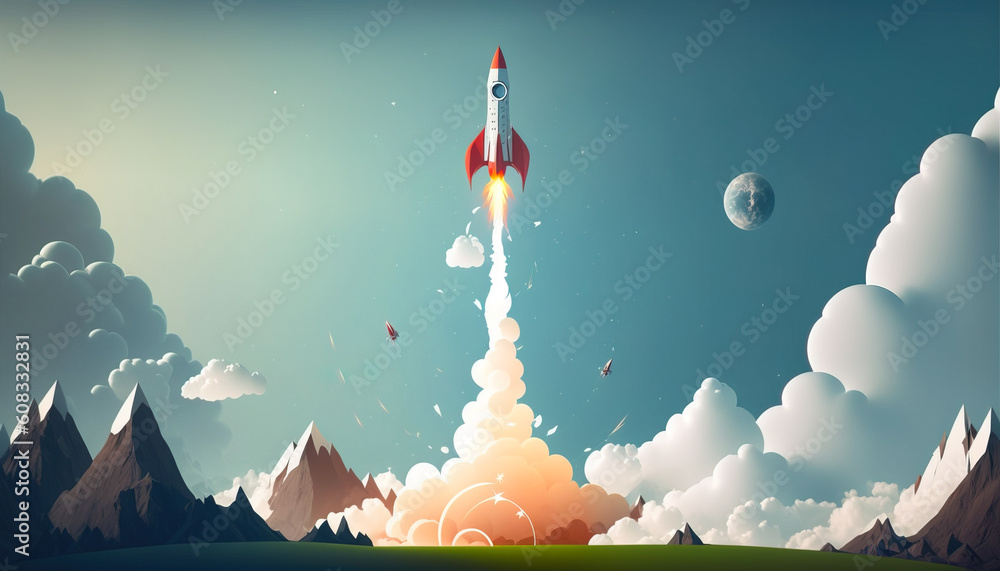 Rocket start up - The rocketship blasts off into the blue sky, a symbol ...