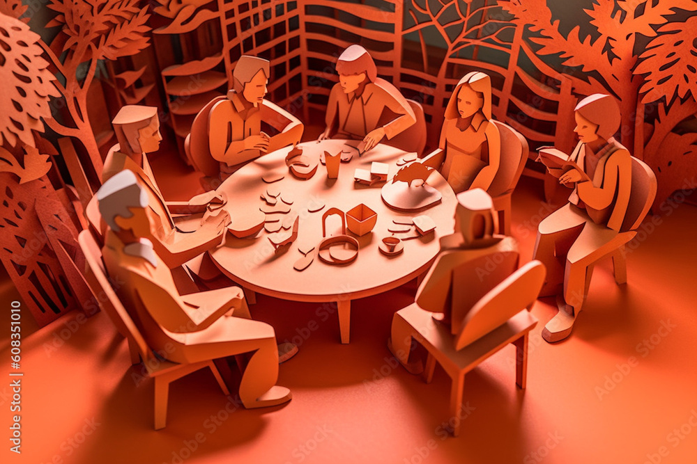 An intricate paper-cut design of a group of students sitting around a ...