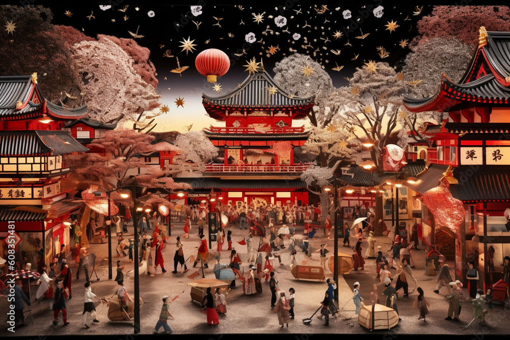 An intricate paper-cut artwork of a traditional Japanese festival, with ...
