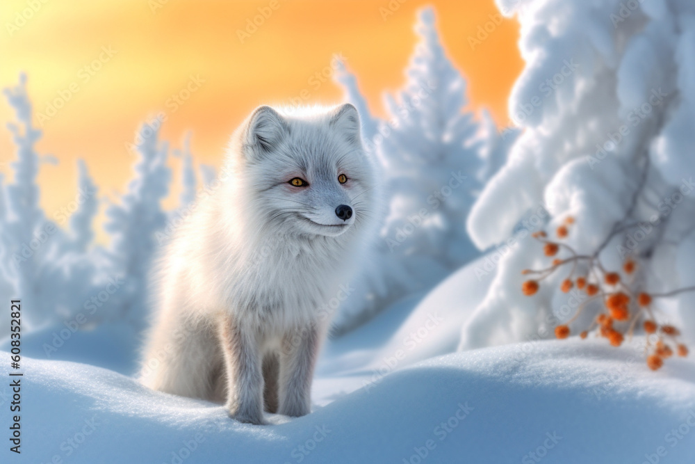 a frozen arctic fox, with its vibrant orange fur contrasting against ...