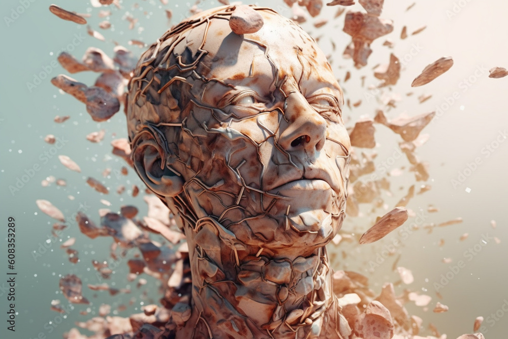 A digital artwork portraying a person with a floating head and ...