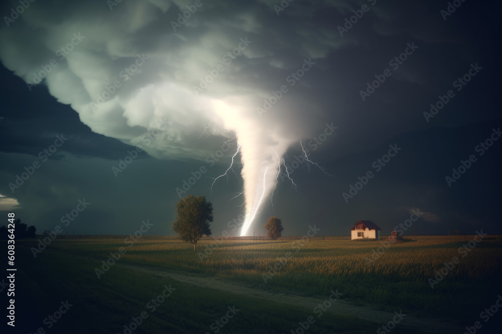 Tornado funnel and lightning over field during thunderstorm, created ...