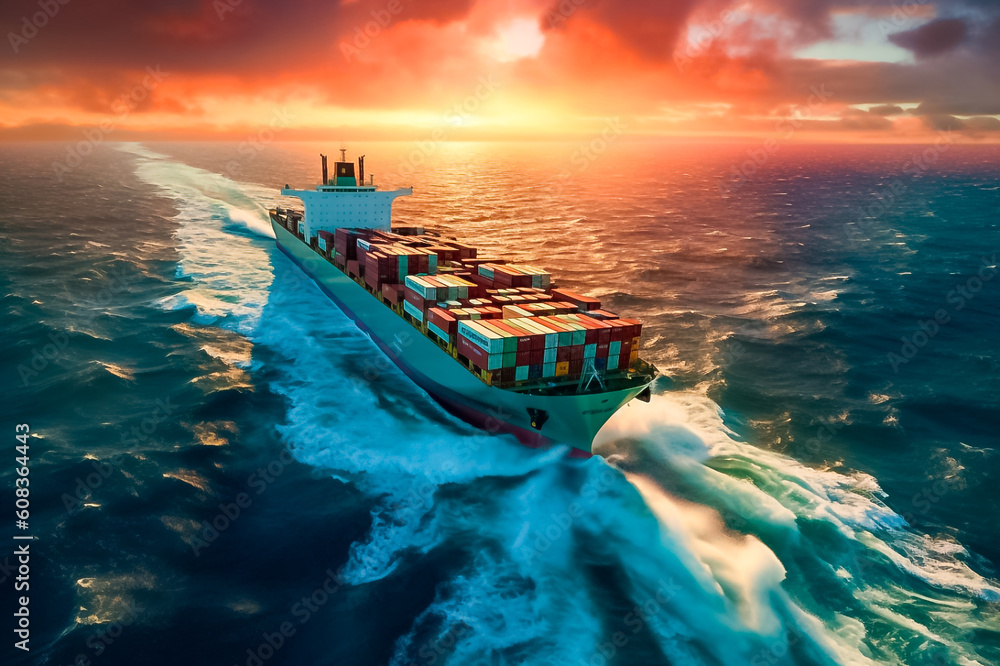 The tranquil beauty of the twilight hour embraces the container ship ...