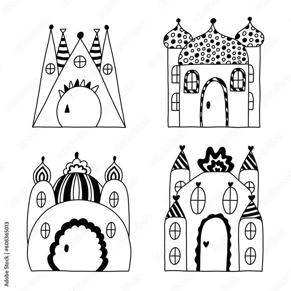 Cute set with fairy tale castles with towers of kings and queens ...