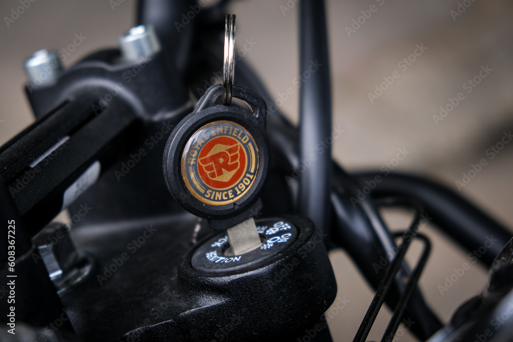 BUCHAREST, ROMANIA - MAY 31,2023: Royal Enfield motorcycle key with ...