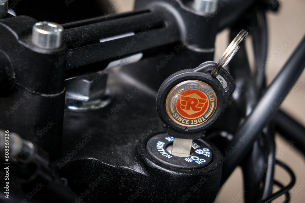 BUCHAREST, ROMANIA - MAY 31,2023: Royal Enfield motorcycle key with ...