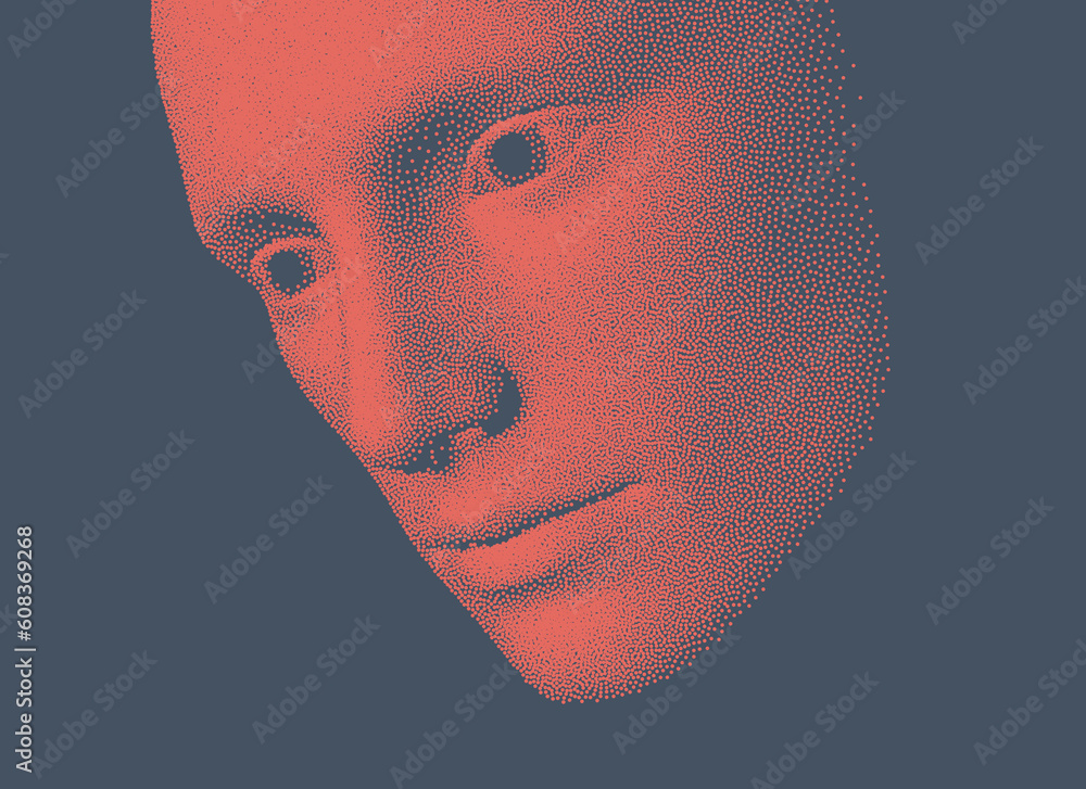 Man's face looking down. Abstract digital human head. Minimalistic ...