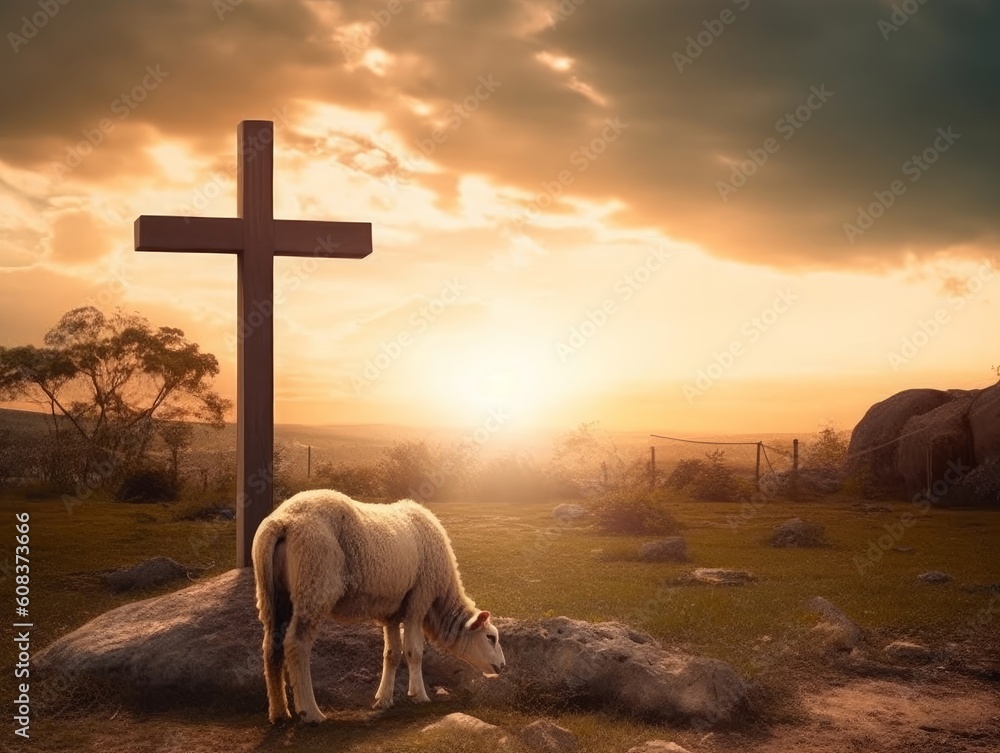 resurrection concept: the Lamb of God in front of the cross of Christ ...