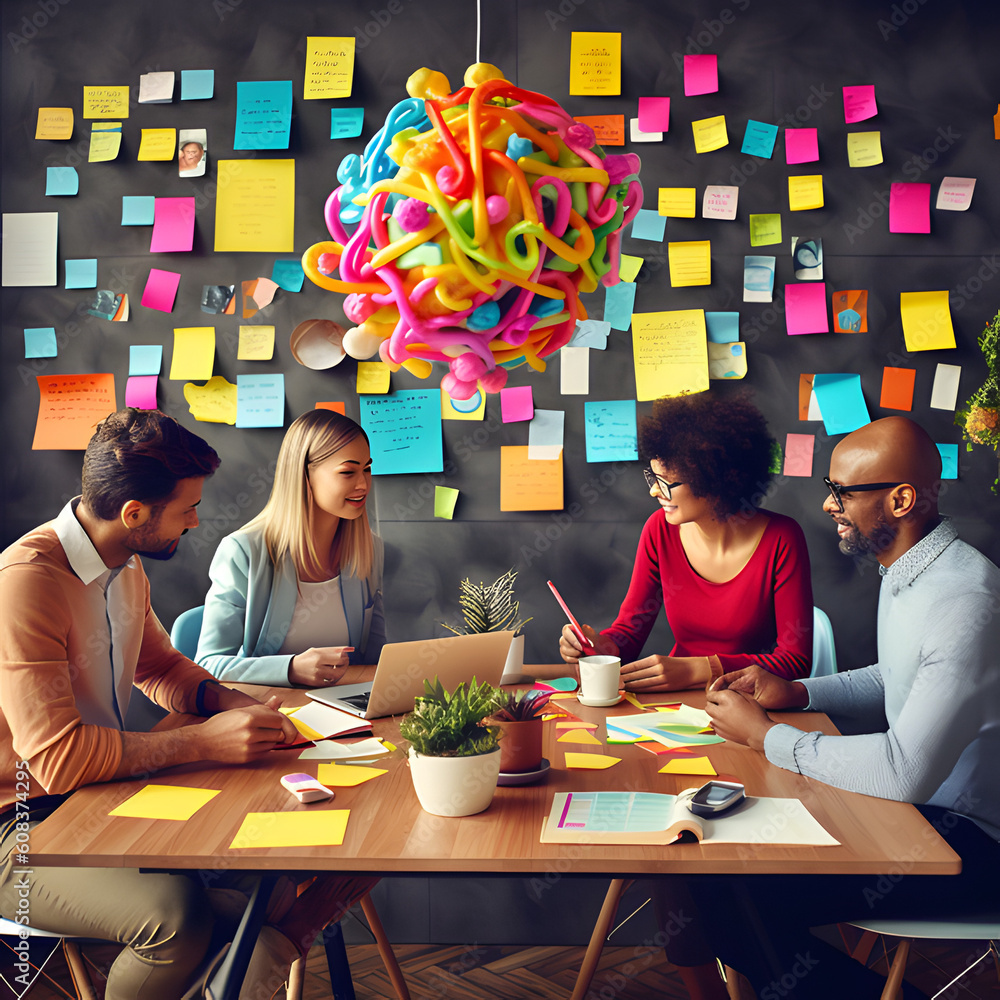 Group of diverse people engaging in a brainstorming session, surrounded ...