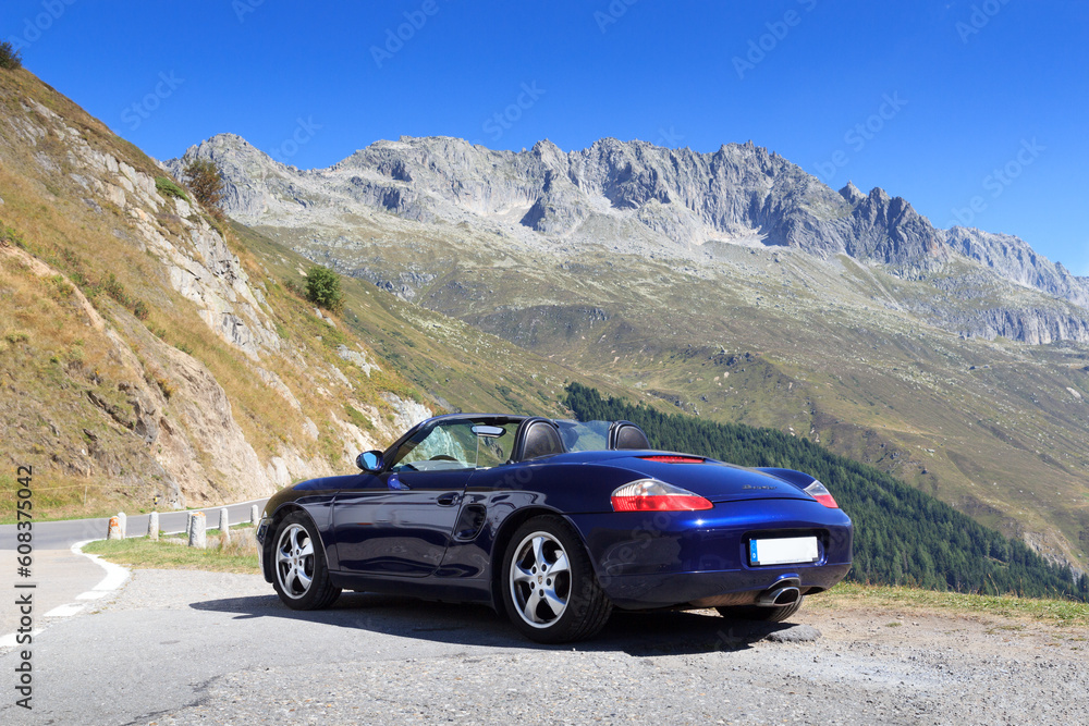 Realp, Switzerland - August 13, 2022: Blue roadster Porsche Boxster 986 ...