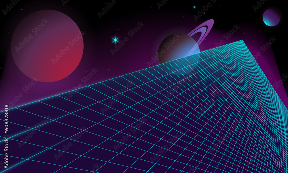Synthwave wireframe net illustration. Abstract digital background. 80s ...