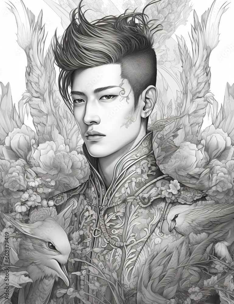 Fantasy character with Asian influences, black white illustration ...