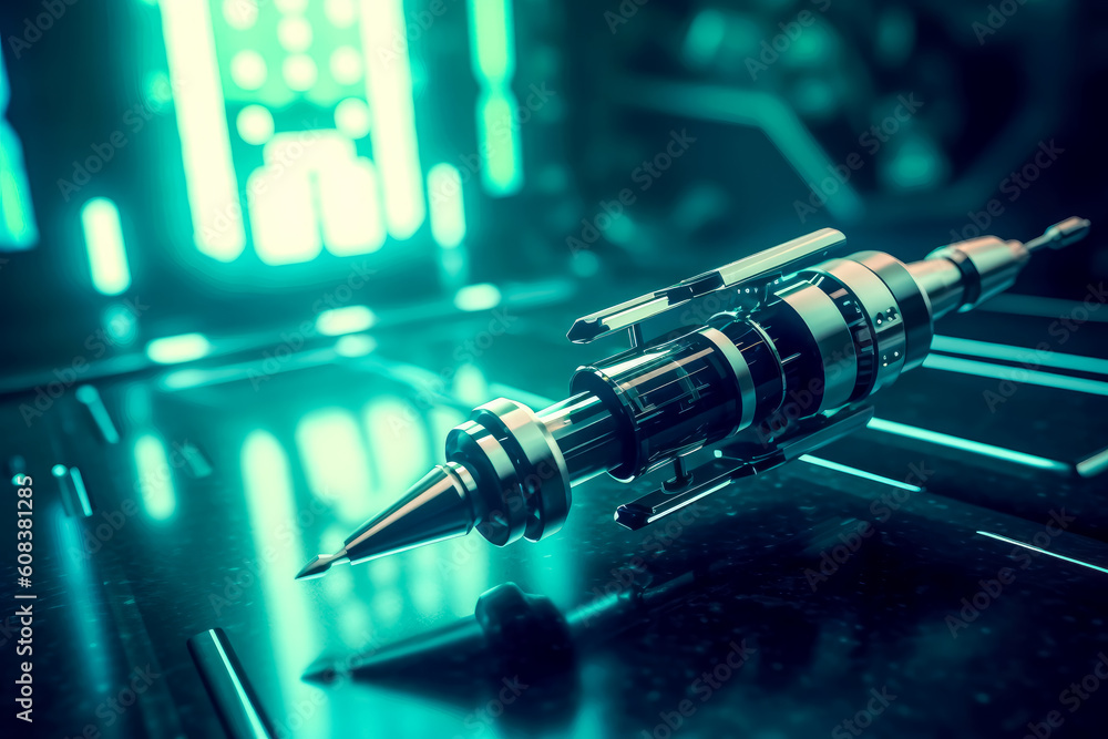 Futuristic Medical Syringe on a medical desk, sci-fi abstracts syringe ...