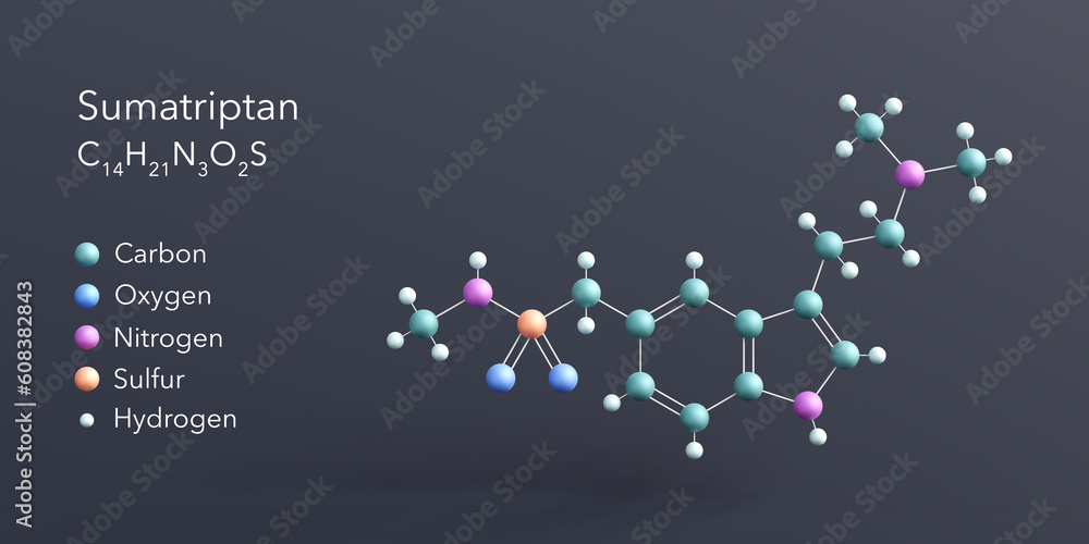 sumatriptan molecule 3d rendering, flat molecular structure with ...