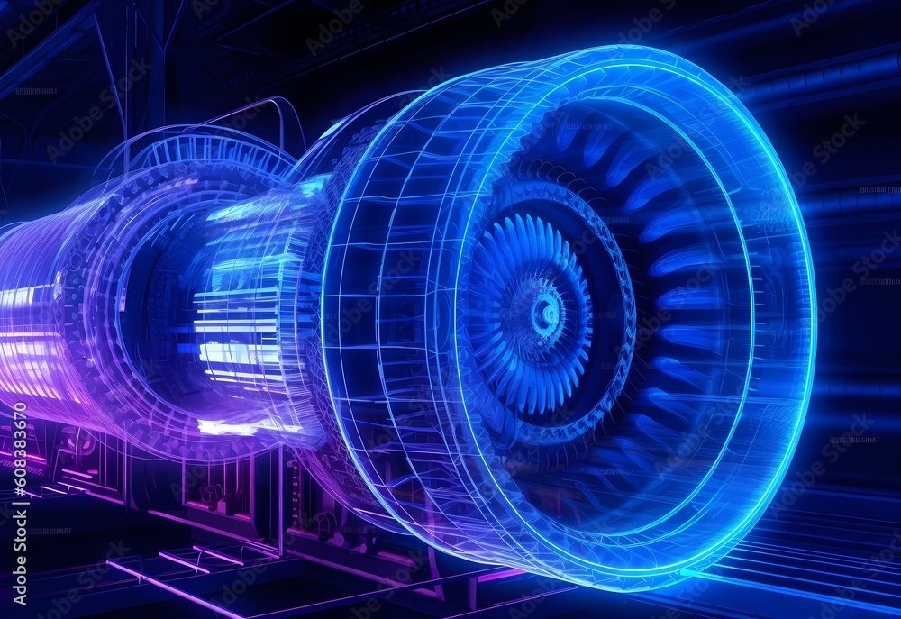 Wireframe rendering of turbojet engine on black background. Digital ...