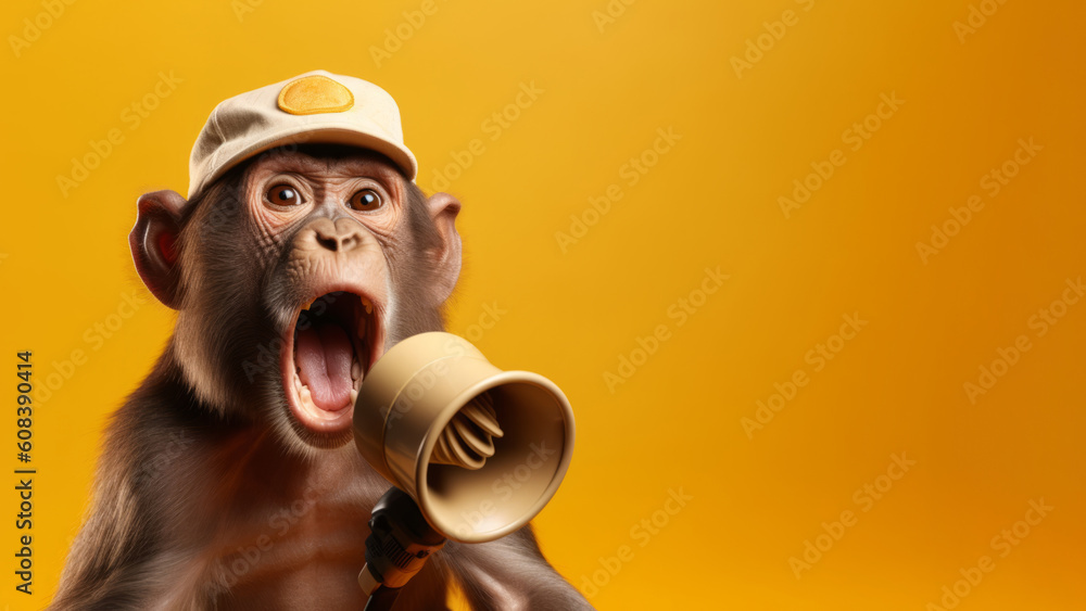 Monkey with a megaphone on a yellow background. The concept of ...