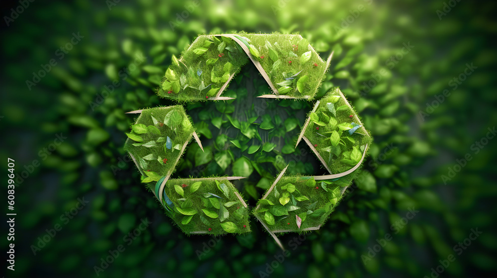 Recycling logo or symbol integrated in nature with green leaves ...