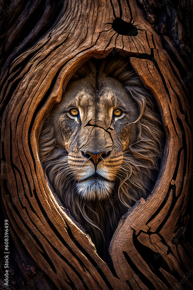 Majestic divine lion's face carved into an ancient tree trunk, evoking ...