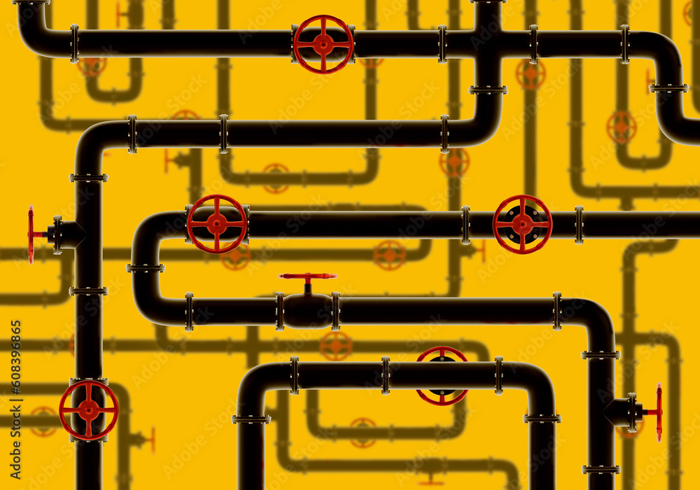 Industrial background. Pipe labyrinth. Pipeline on yellow. Valves for ...