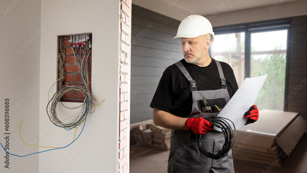 Electrician man with wire. Builder looks back. Place for power shield ...