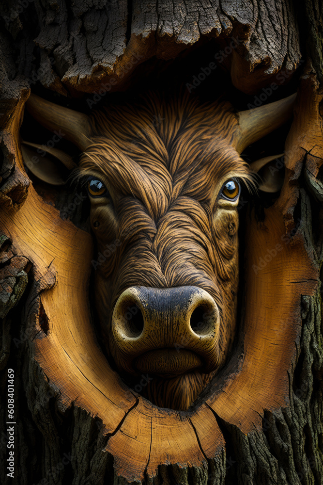 Captivating portrayal of a divine cow face intricately carved into an ...