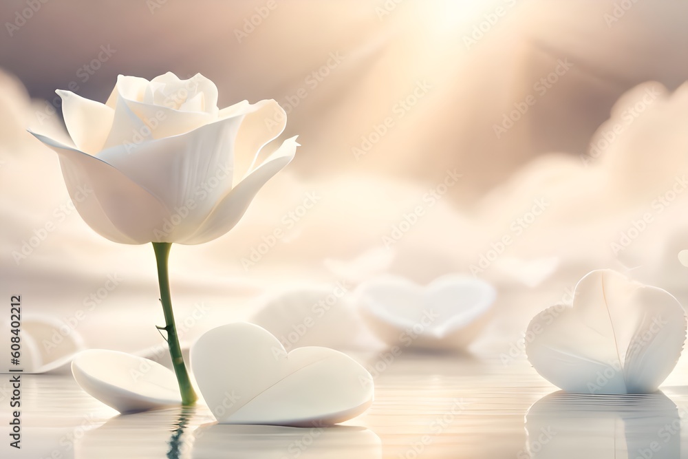 A white rose flower with soft white background, some love element with ...
