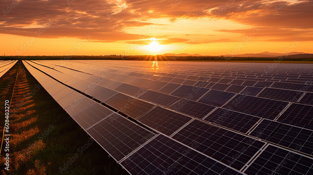 Aerial drone view of large solar panels at a solar farm at bright ...