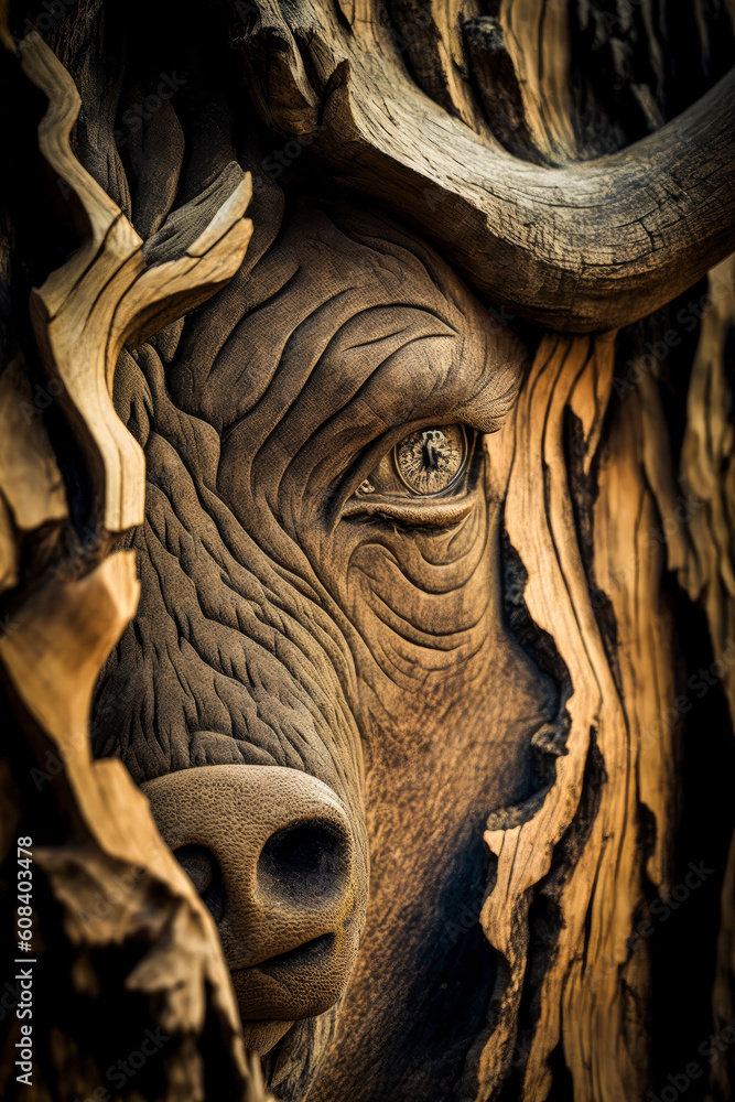 Captivating image of a divine bull god's face carved in a mystical tree ...