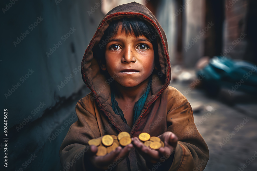 Poor beggar hungry child boy ragged in torn clothes with an ...