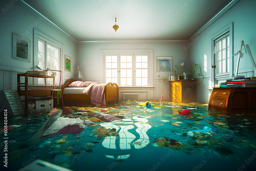 Flooded living room with water in a private house. High water level ...