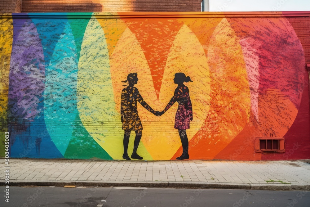 Rainbow graffiti brick wall with silhouettes of two women. Concept of ...