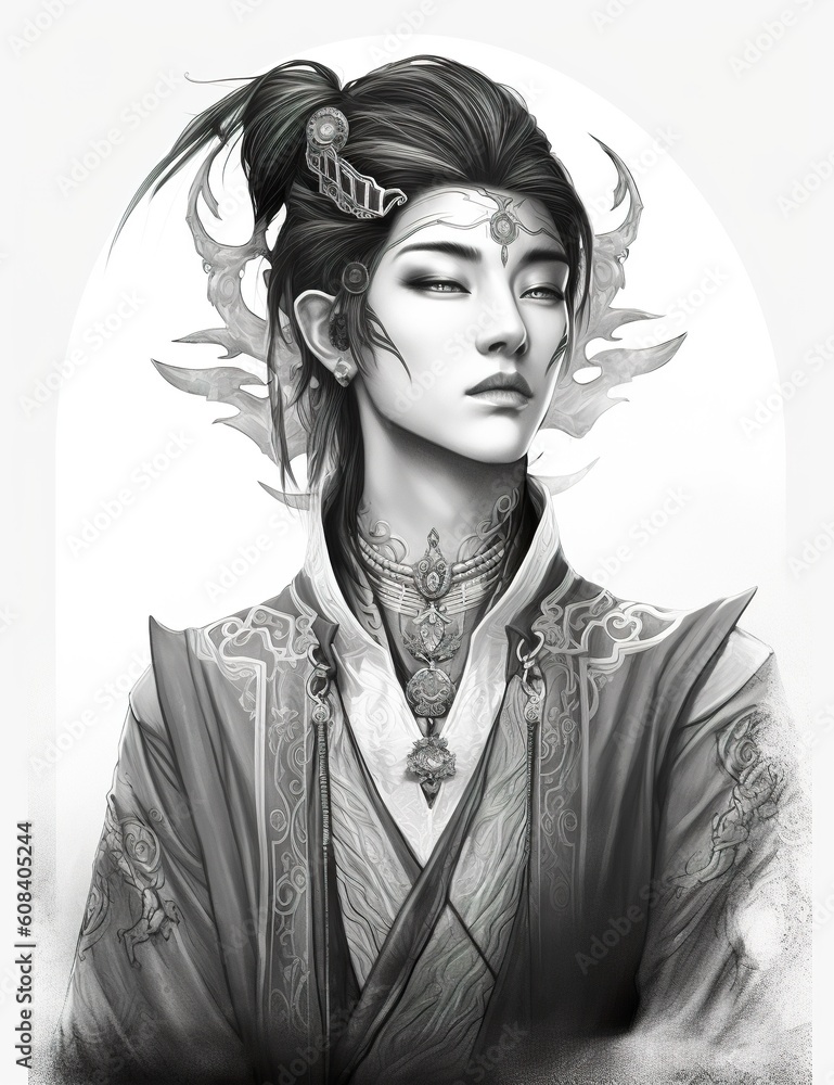 Fantasy character with Asian influences, black white illustration ...