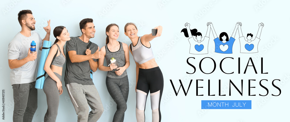 Banner for Social Wellness Month with group of young sporty people ...