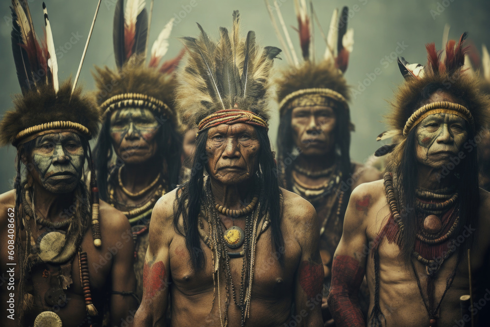 Portrait of indigenous tribe. Traditional Indians with painted faces ...