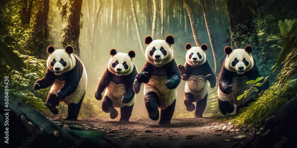 Captivating image of 5 fierce pandas charging toward the viewer in a ...
