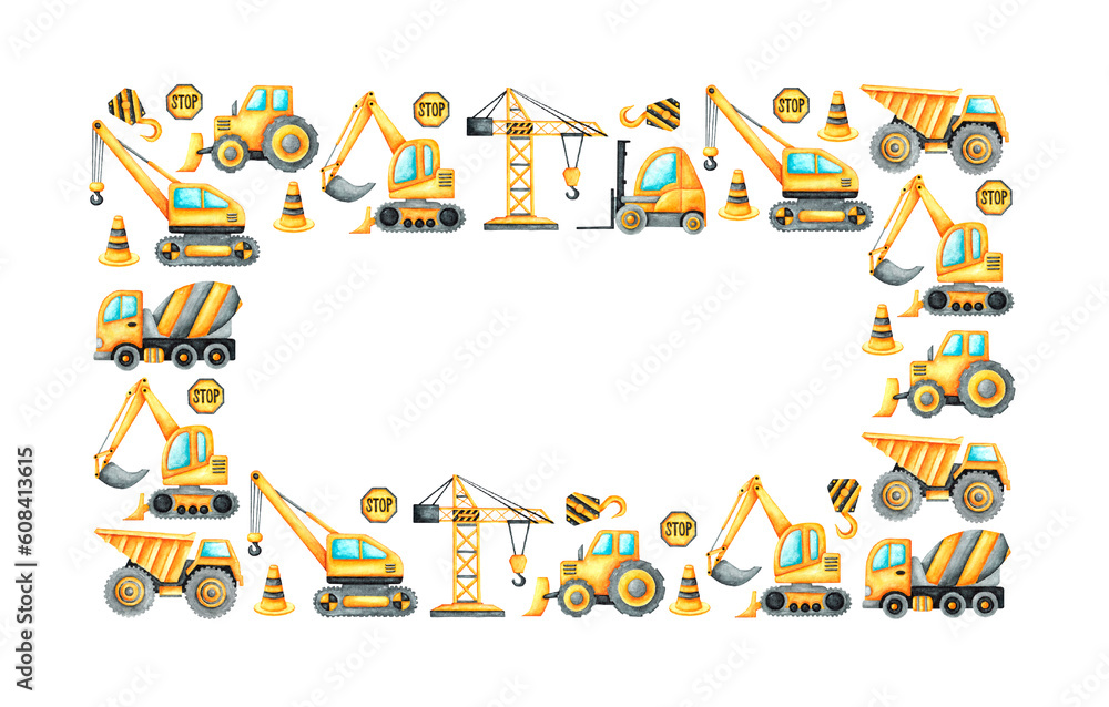 Children's construction vehicles watercolor greeting card. Construction ...