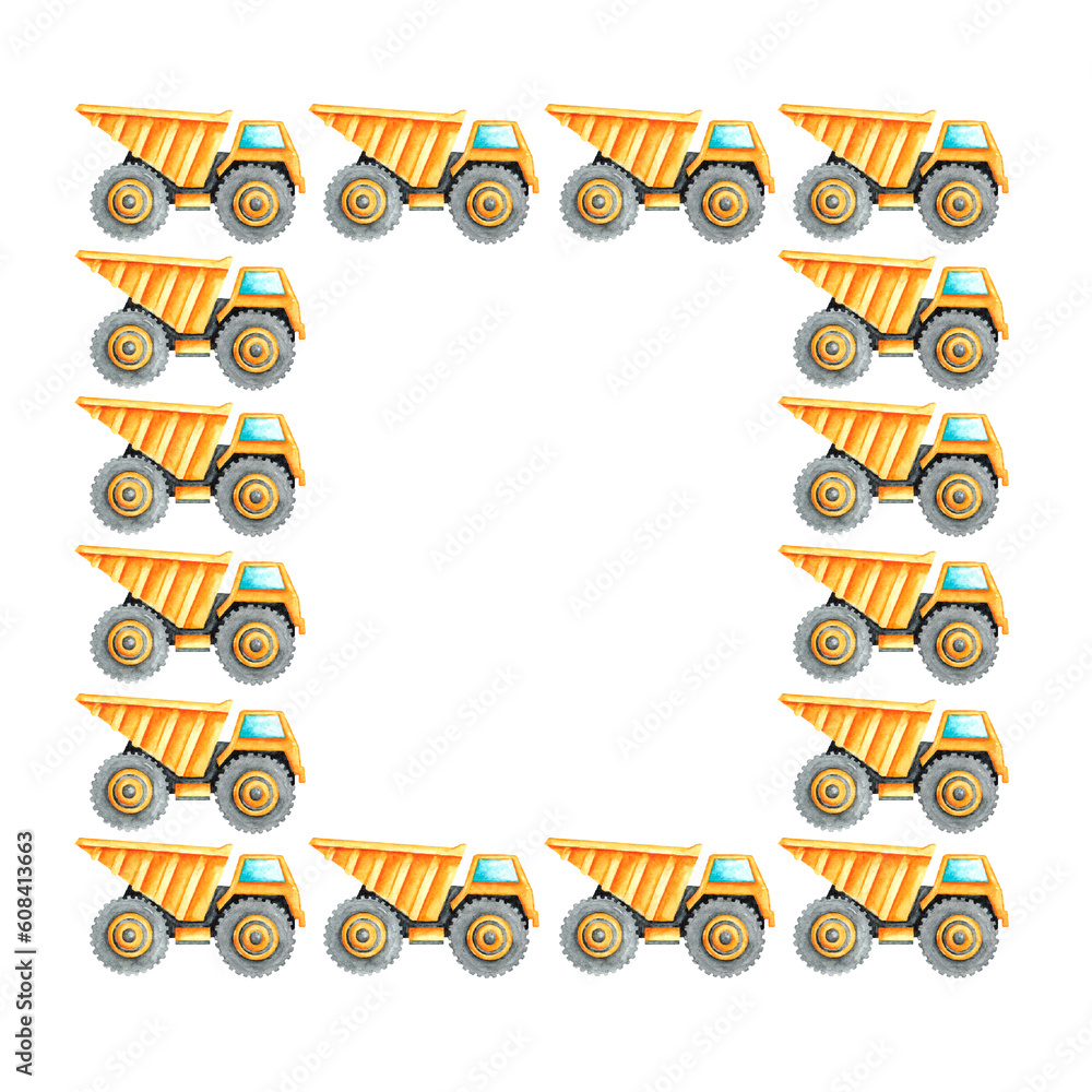 Dump truck watercolor frame, border. Construction vehicle. Cars ...