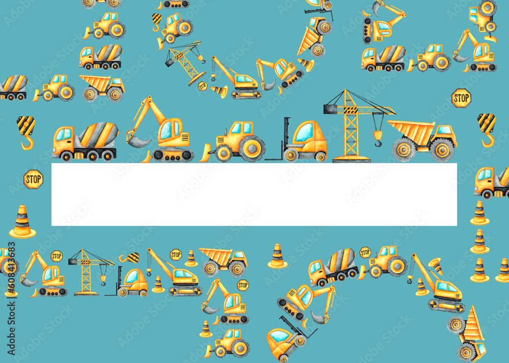 Childish boy construction vehicles watercolor postcard. Frame, border ...