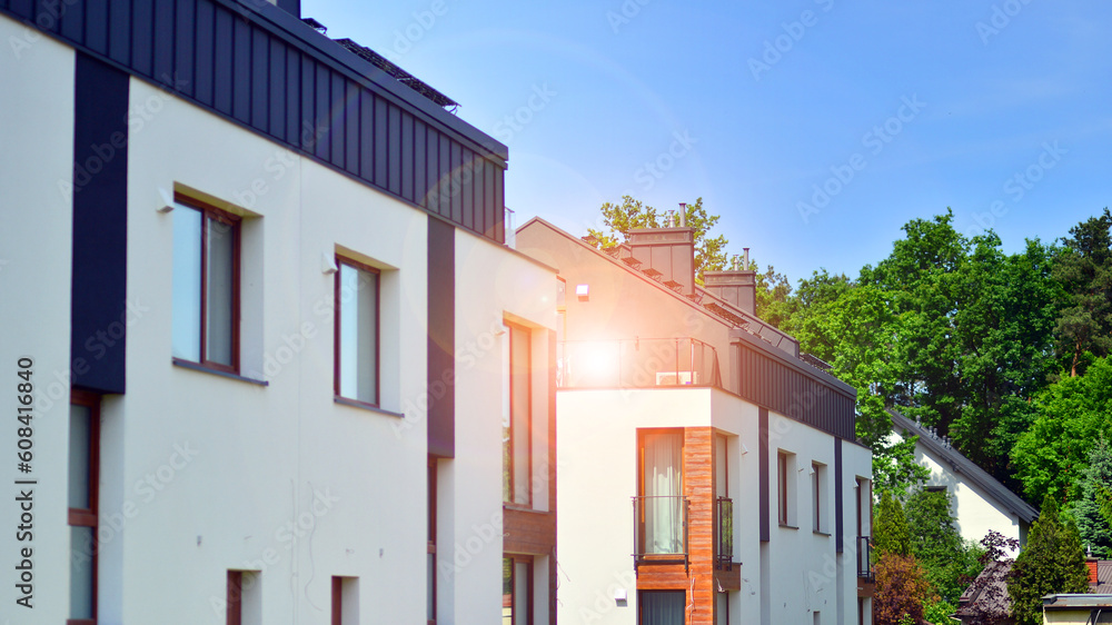 Terraced family homes in newly developed housing estate. The real ...
