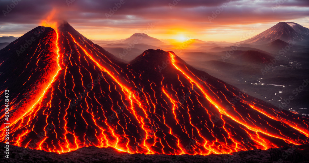 A mesmerizing scene of a volcanic eruption, with glowing lava cascading ...