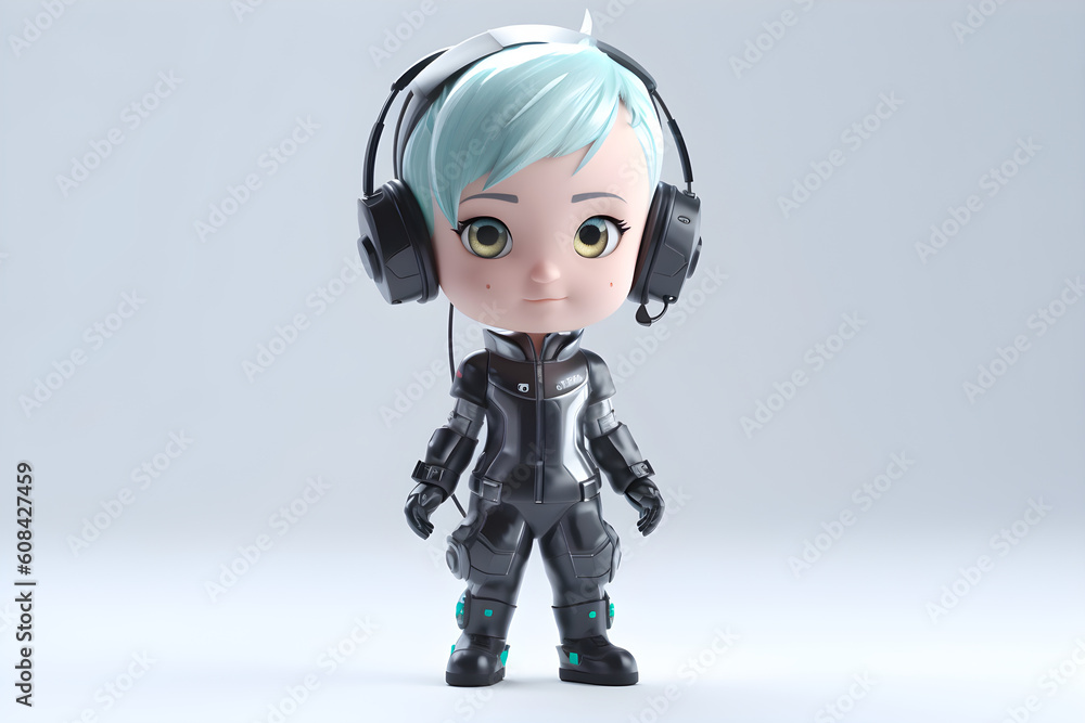 Cute girl wearing techwear on a white background. Adorable chibi 3d ...