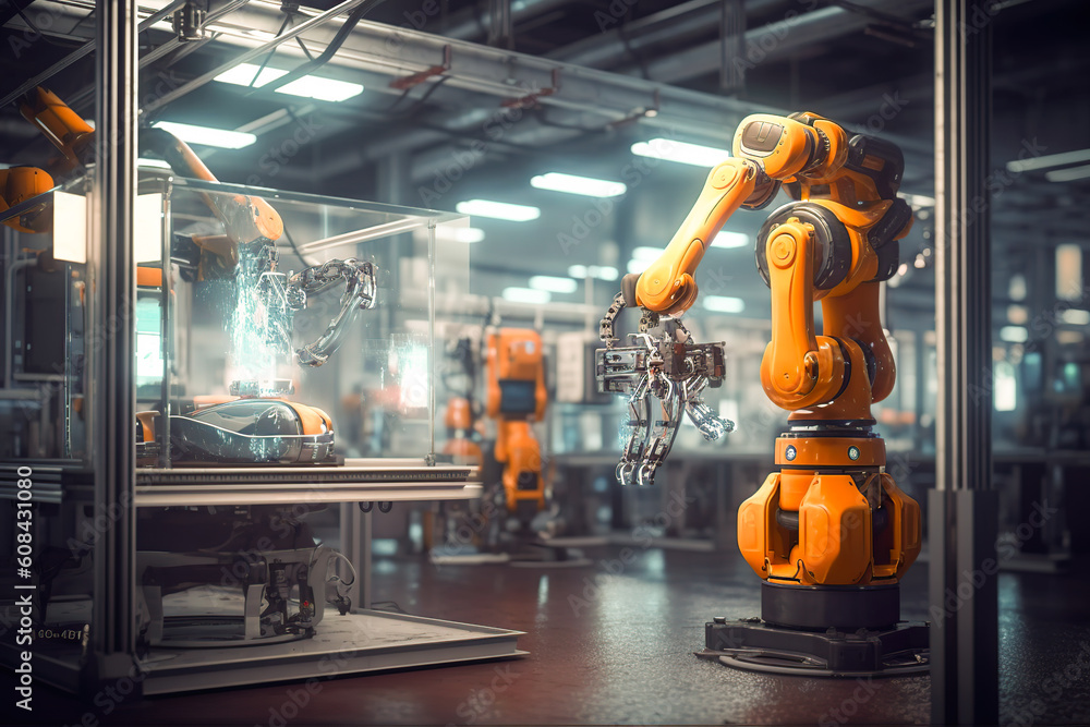 AI computer technology smart factory, 3D humanoid robot working in ...