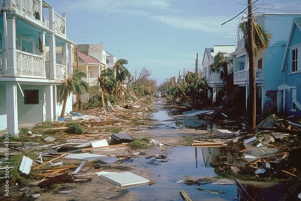 Whole neighborhood destroyed by a hurricane. Aftermath of a hurricane ...