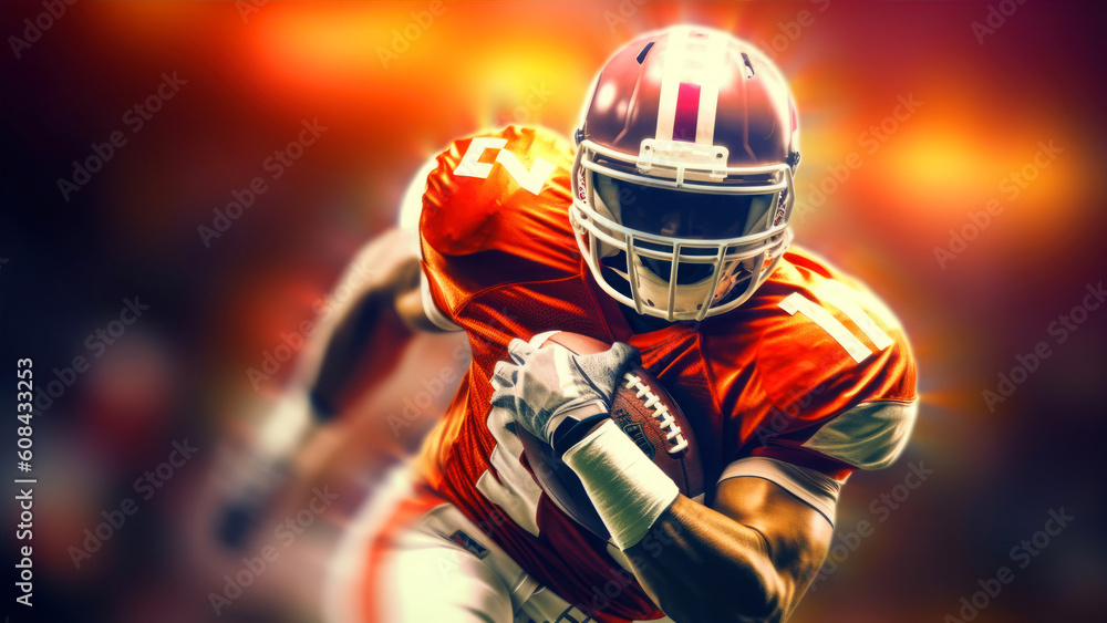 American football player in action, motion blur background. 3D ...