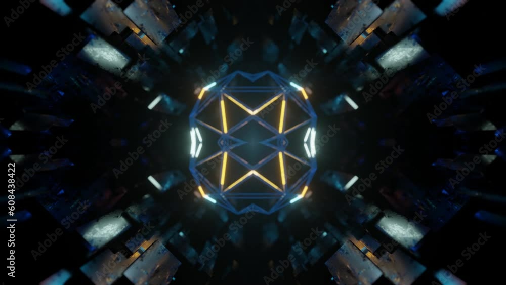 symmetrical 3d object or structure rotates and moves inside glass ...