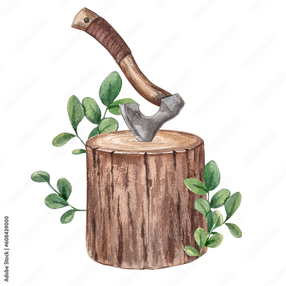 Ax in the stump. Watercolor hand drawn illustration of an old ax in a ...